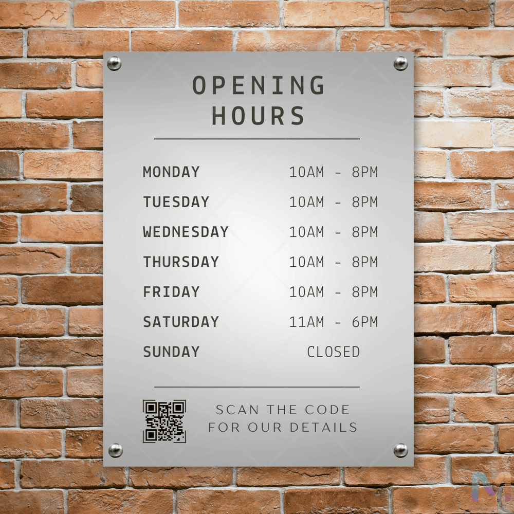 Opening Hours Board with QR Code (Stainless Steel) – Maags Designs