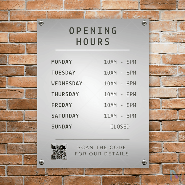 Opening Hours Board with QR Code (Stainless Steel) – Maags Designs